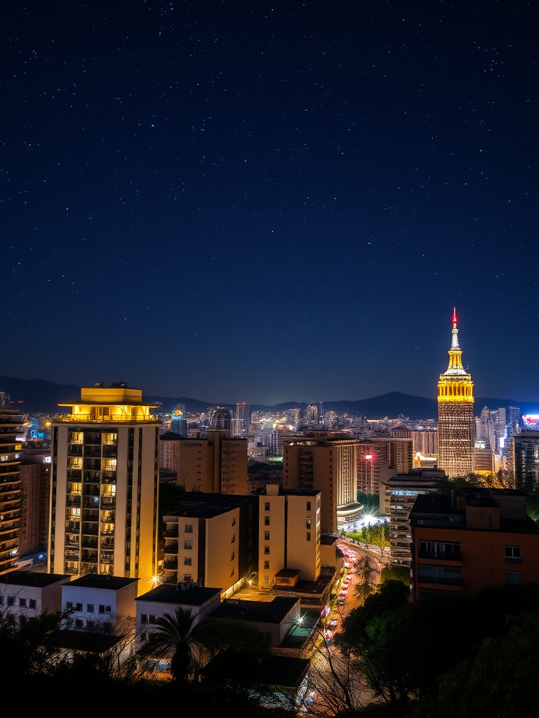 night cityscape with illuminated buildings and starry sky, long ...