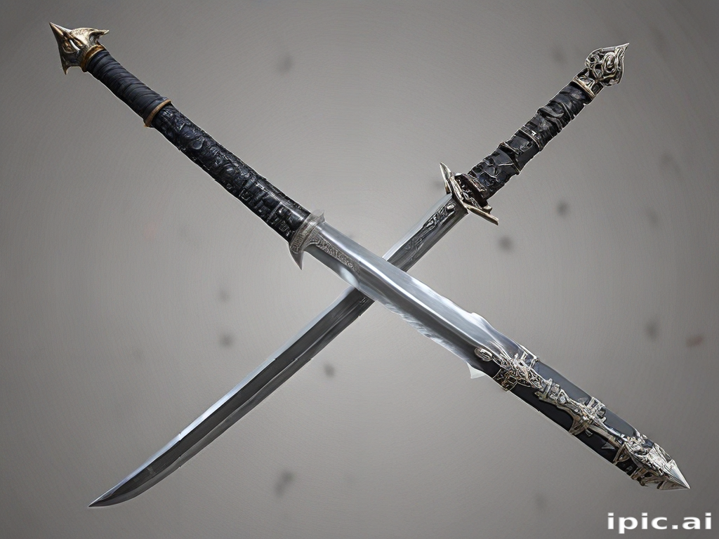 Intricately Designed Twin Swords with Elaborate Hilts and Sharp Blades