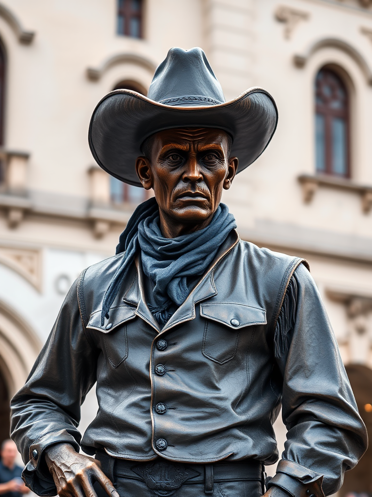 Impressive Bronze Statue of a Cowboy in Front of Historic Building
