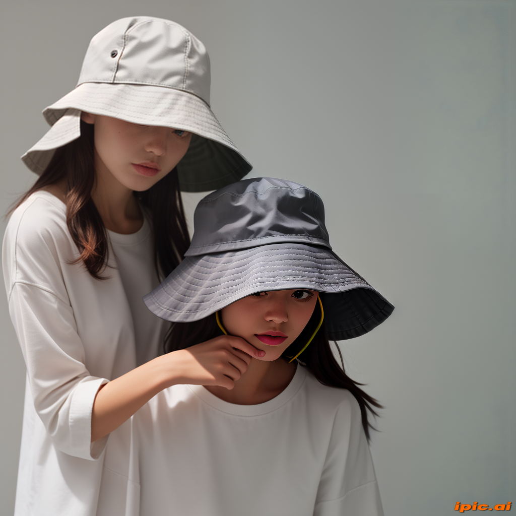 Two Young Women Wearing Stylish Bucket Hats in a Minimalist Setting