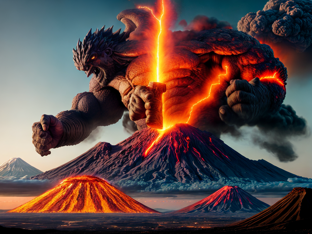 "a giant with a monstrous hammer destroying an erupting volcano"