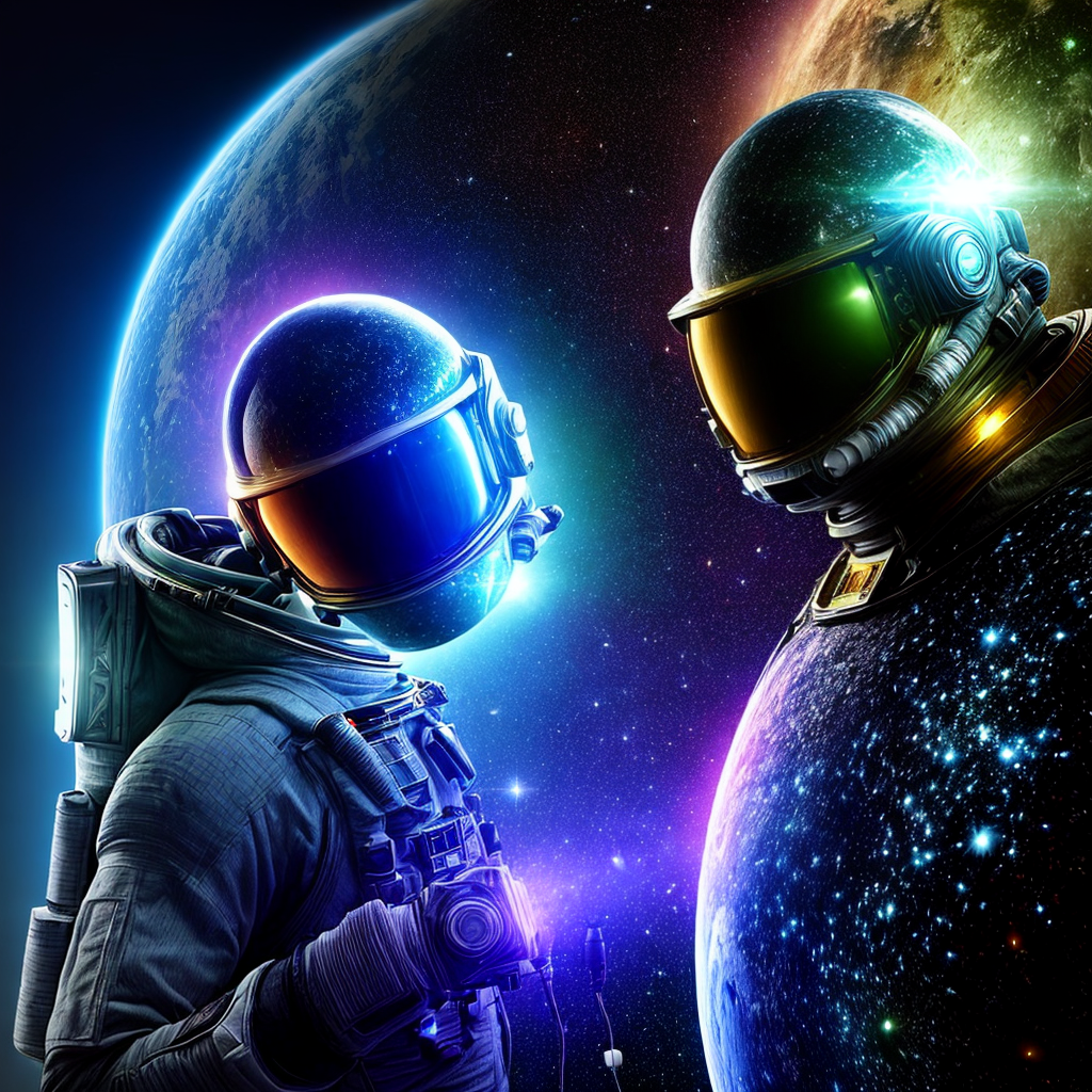 a close-up photo of an astronaut in a glowing suit made of plasma, as ...