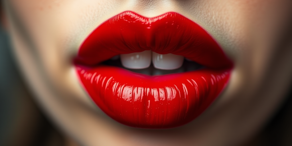 Close-Up of Glossy Red Lips with Perfectly Applied Lipstick and Shine