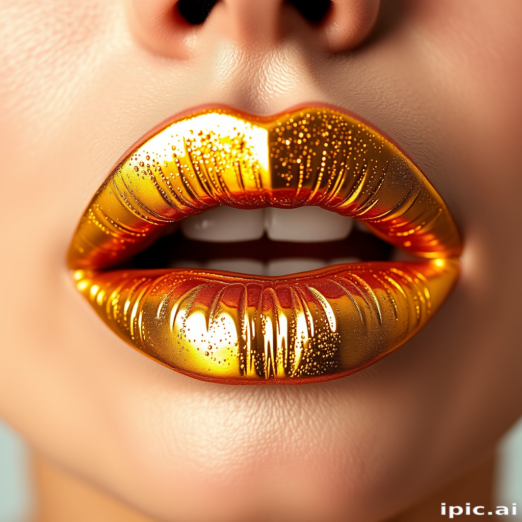 Vibrant Close-Up of Glossy Golden Lips with a Shimmering Finish