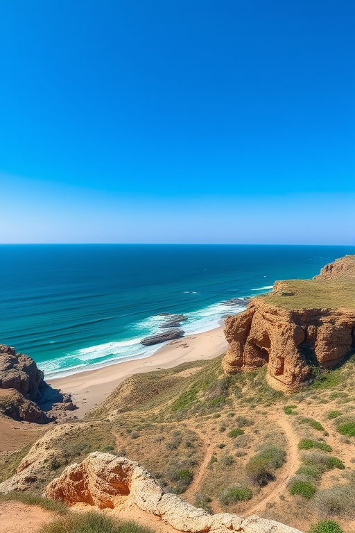 capture a coastal landscape with a clear blue sky above a serene ocean ...