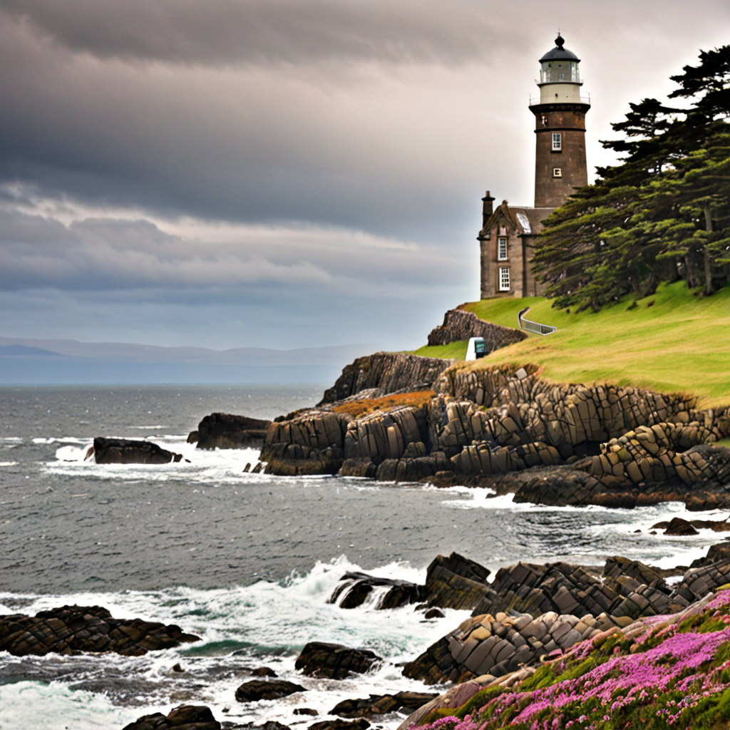 lighthouse with manor house, northern coast of scottland, forrest and rocks