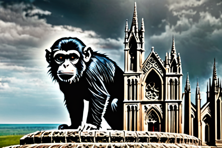 demonic gothic cathedral facing apocalyptic conditions. creature monkey ...