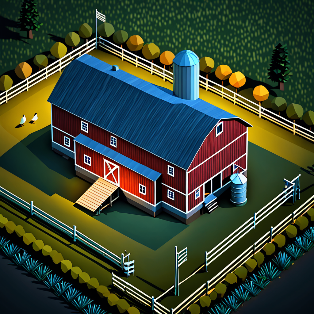 farm, birds eye view, barn, house, open area, silo, house, low poly ...