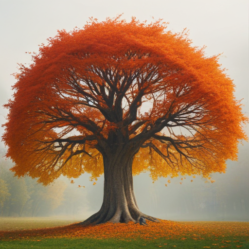 Majestic Autumn Tree with Vibrant Orange Leaves in a Misty Landscape