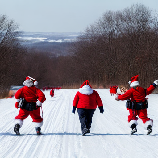 santa doing exercise with with elves and reindeer in north pole