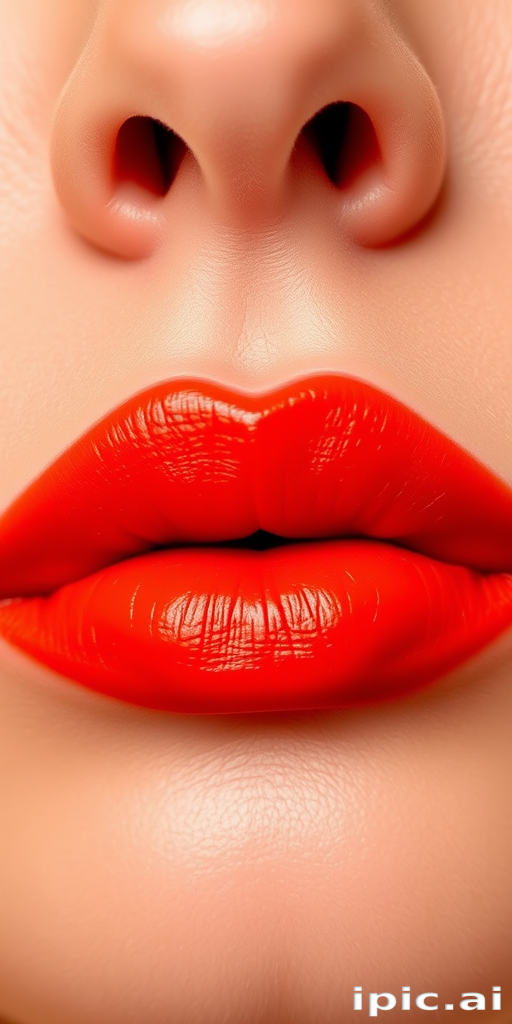 Close-Up of Glossy Red Lips Highlighting Perfectly Sculpted Facial Features
