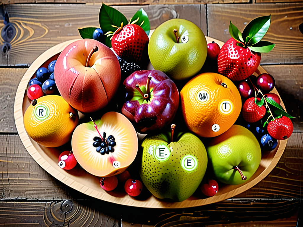 Colorful Display of Fresh Fruits Arranged on a Wooden Serving Tray