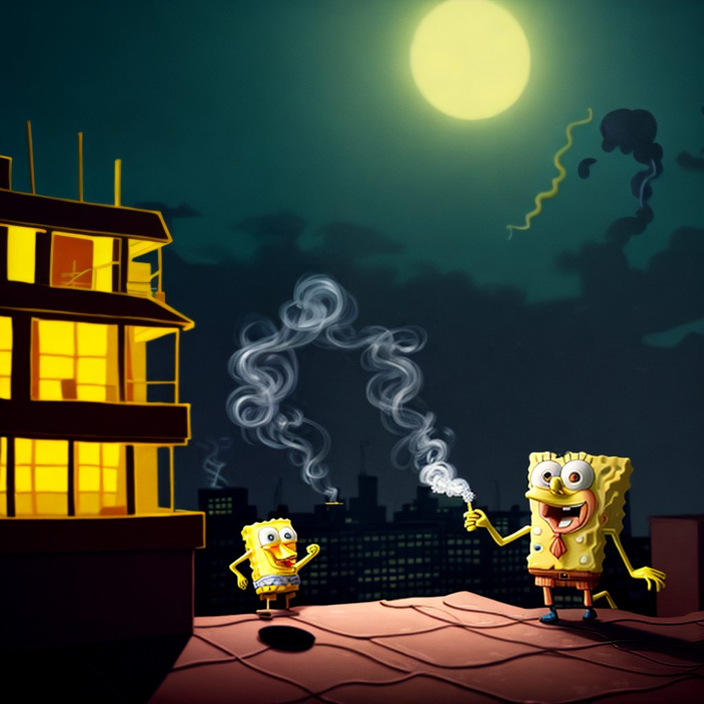 spongebob smoking crack on the rooftop of a building, by night
