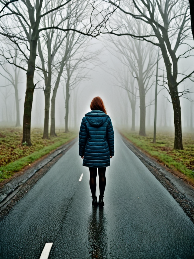 A woman is at a crossroads in a fog. She is completely lost.
