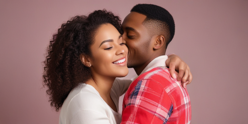 Black couple hugging and smiling on Valentines Day