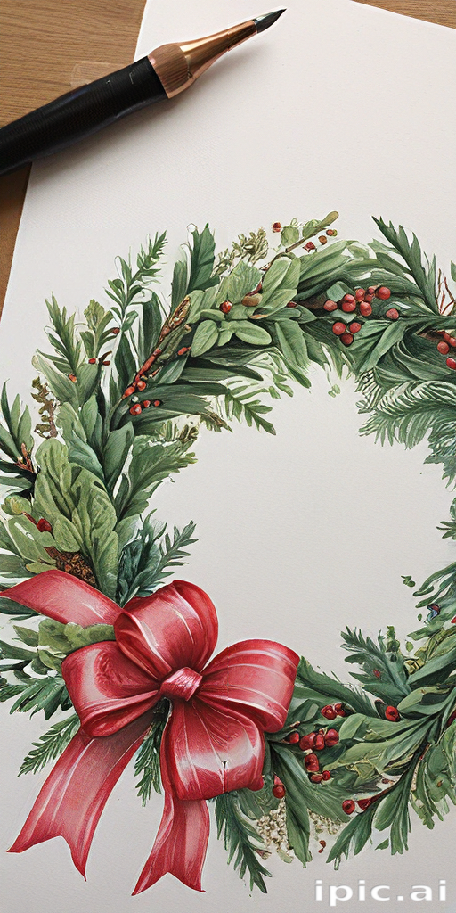 Beautifully Hand-Painted Holiday Wreath with Red Bow and Greenery