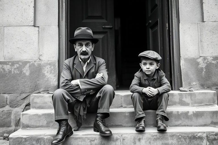 An Elderly Man and Young Boy Sitting Together on Stone Steps