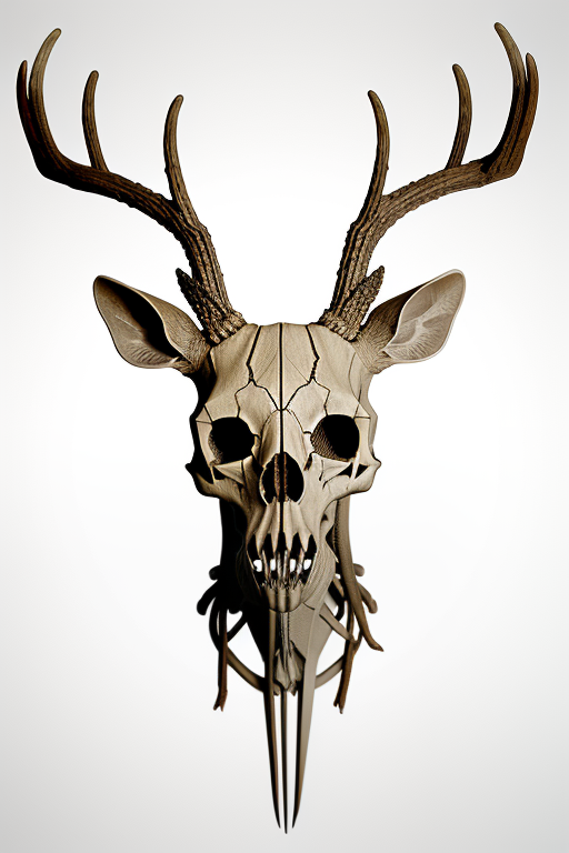 Intricate Wooden Deer Skull Sculpture with Detailed Antlers and Features