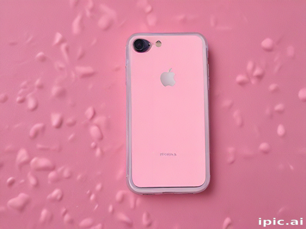 A Stylish Pink iPhone with Water Drops on a Soft Pink Background.