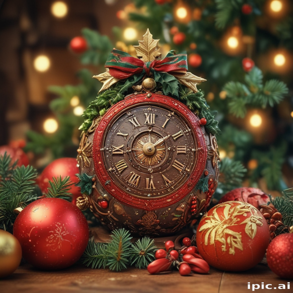 Elegant Christmas Clock Surrounded by Festive Ornaments and Holiday Cheer