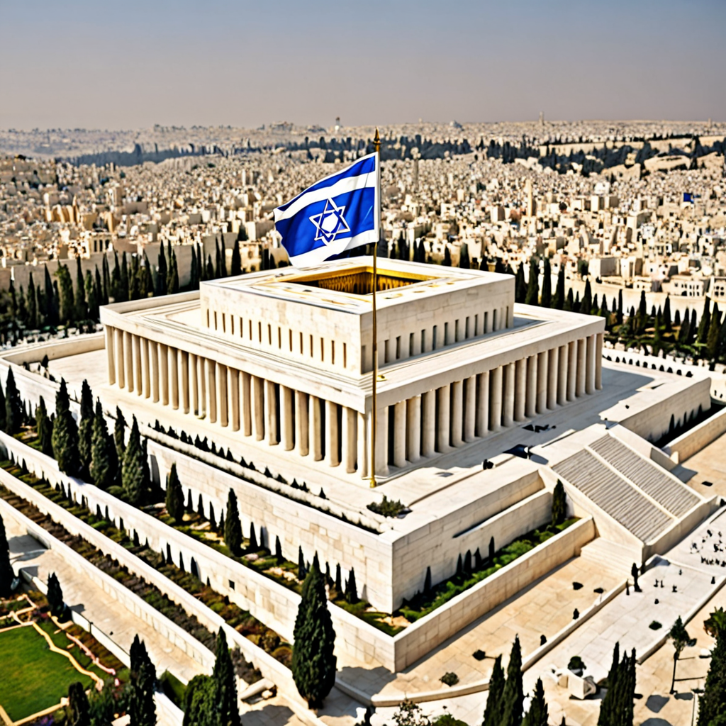 Jewish third temple with israel flag