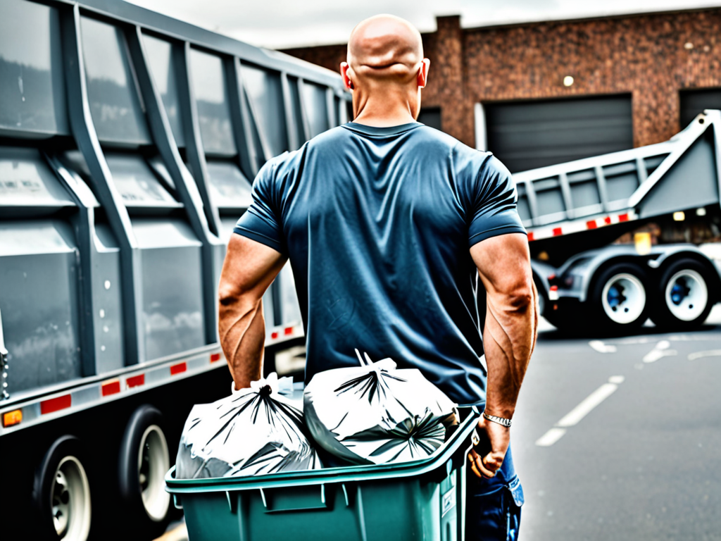 realistic handsome bald muscular garbagemen from behind carrying brown ...