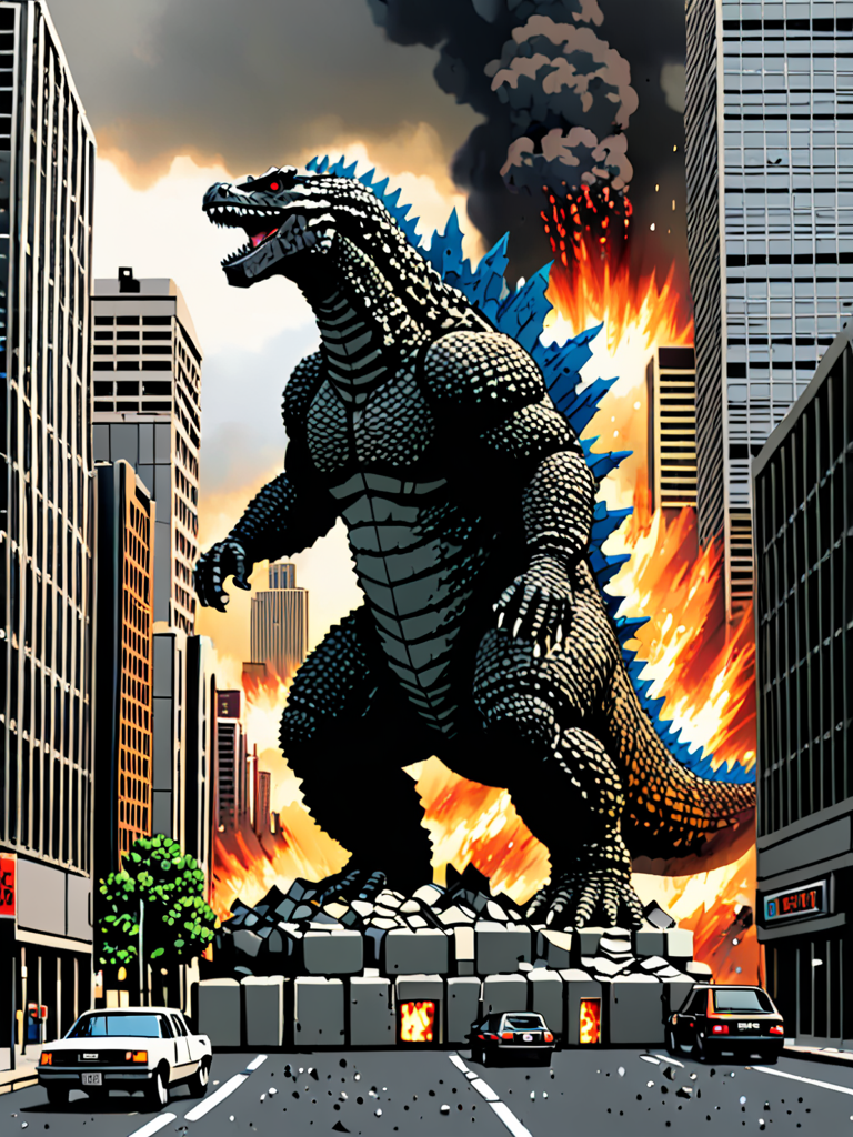 Godzilla destroying the city pixel