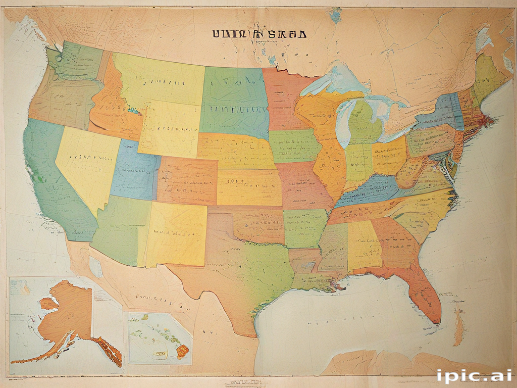 Historical Map of the United States Featuring State Boundaries and ...