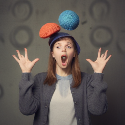 unhappy woman unsuccessfully trying to juggle hats