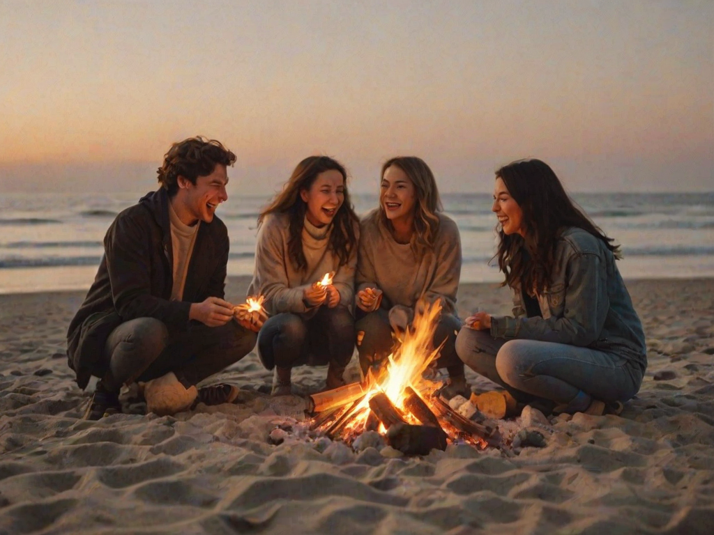 Friends Gather Around a Campfire on the Beach at Sunset.