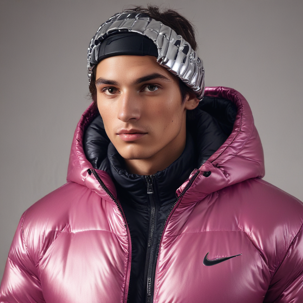 Male supermodel nike shiny puffer jacket bling jewellery hood headband