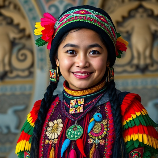 Joyful Young Girl in Traditional Colorful Attire with Floral Headpiece