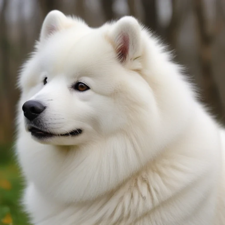A Majestic Samoyed Dog in a Serene Outdoor Setting Surrounded by Nature.