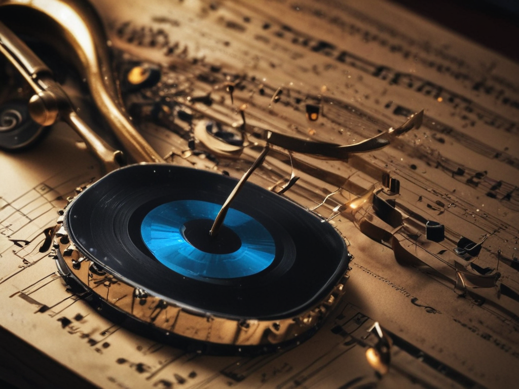 A Vintage Record Player Surrounded by Beautifully Scattered Music Notes