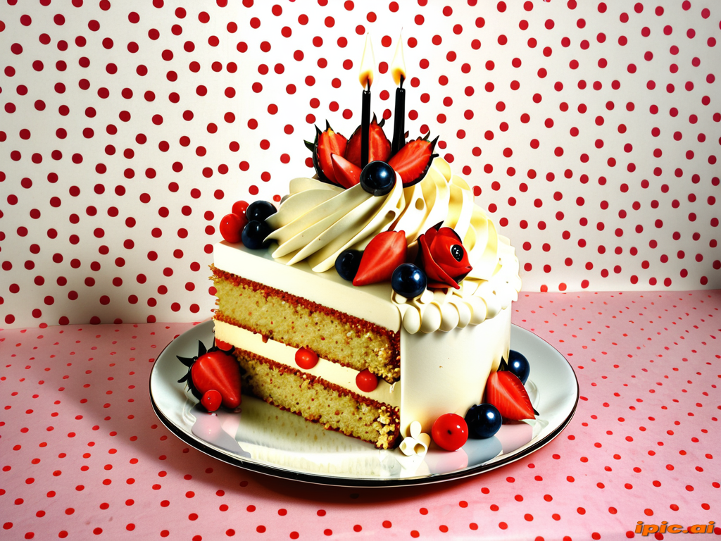 Deliciously Decorated Cake Slice with Berries and Whipped Cream Topping