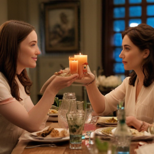 Show Emily Blunt and Shaiden Rogue on a dinner table.