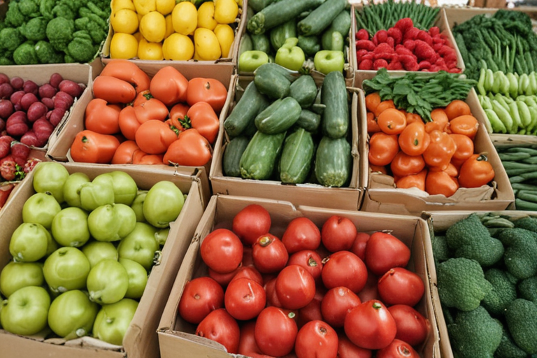 FRUIT AND VEGETABLES IN BOXES FOR DISPLAY IN GROCERY STORE