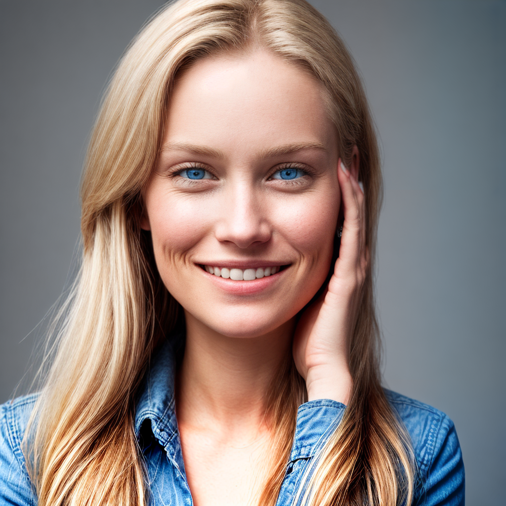 shy smiling Scandinavian female with blonde hair blue eyes full face ...
