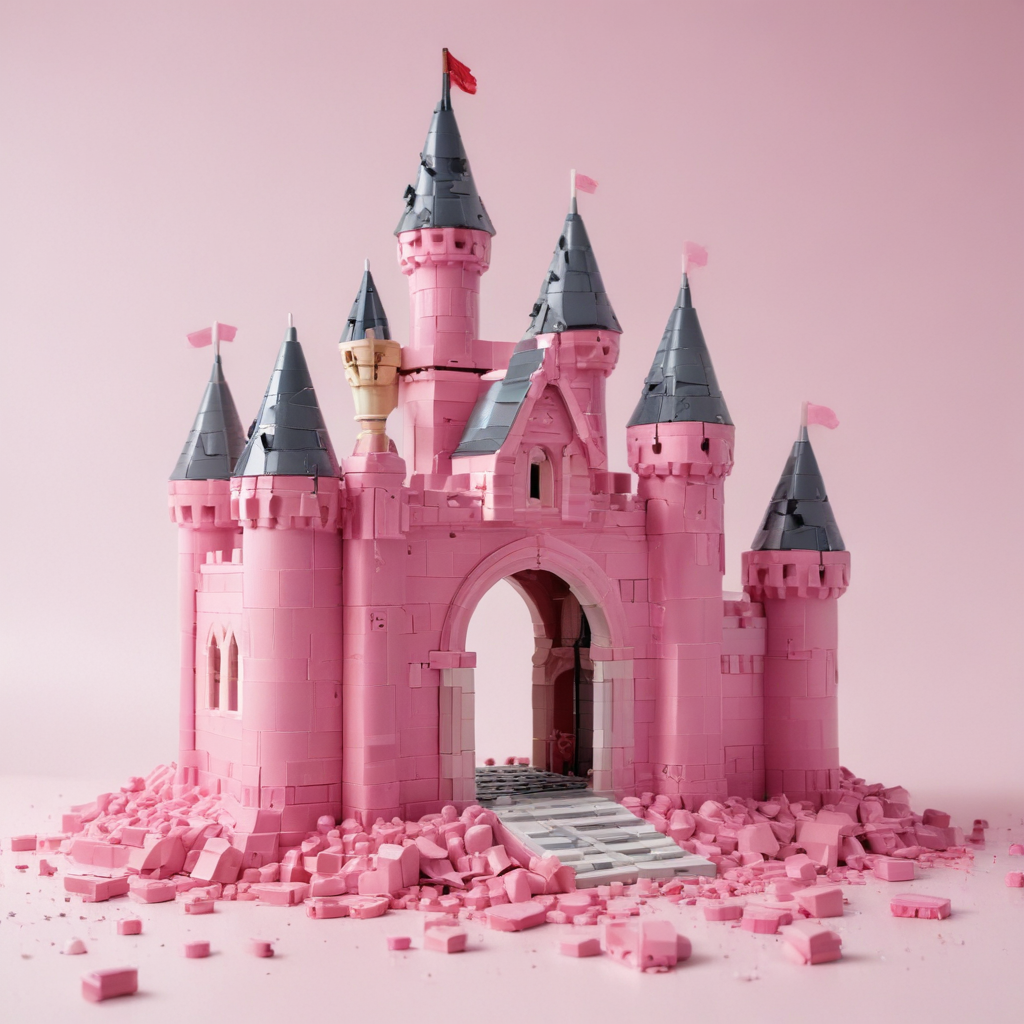 repaired damaged pink lego castle on bright white background
