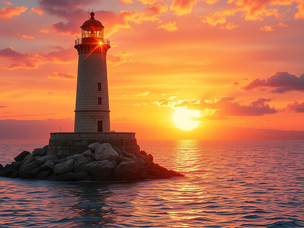 Majestic Lighthouse Standing Tall Against a Vibrant Sunset Over Calm Waters