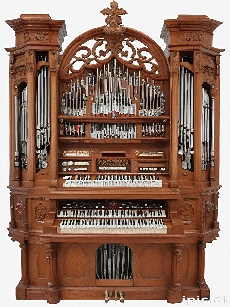 Intricately Designed Vintage Pipe Organ with Decorative Carvings and Keys