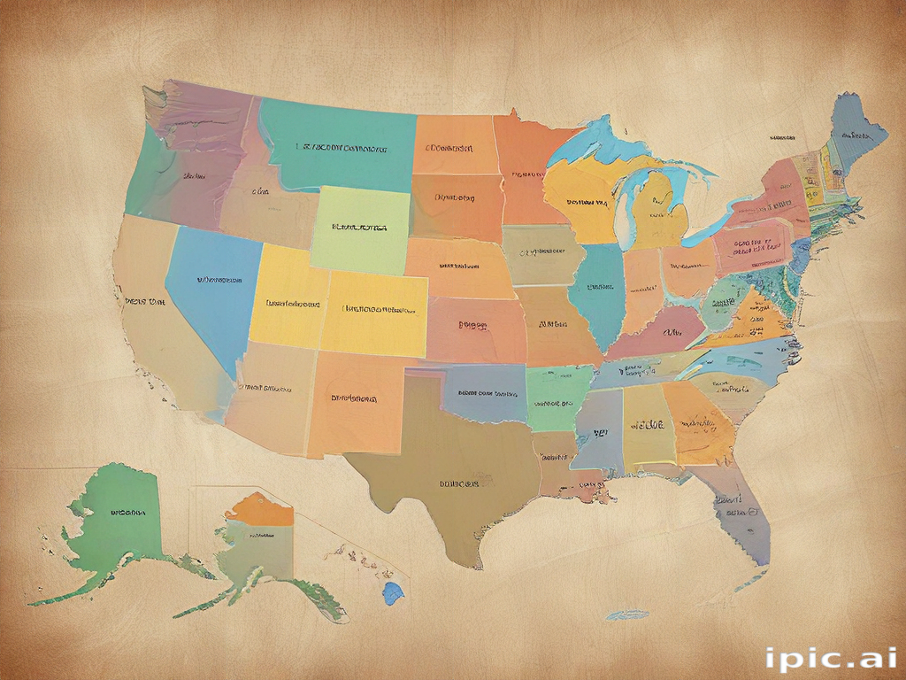 Colorful United States Map Highlighting Each State with Unique Names ...