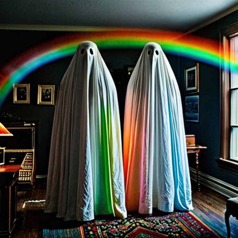 two ghosts in a dark room with rainbow lighting