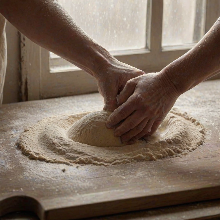 Two Hands Skillfully Kneading Dough on a Flour-Dusted Wooden Surface