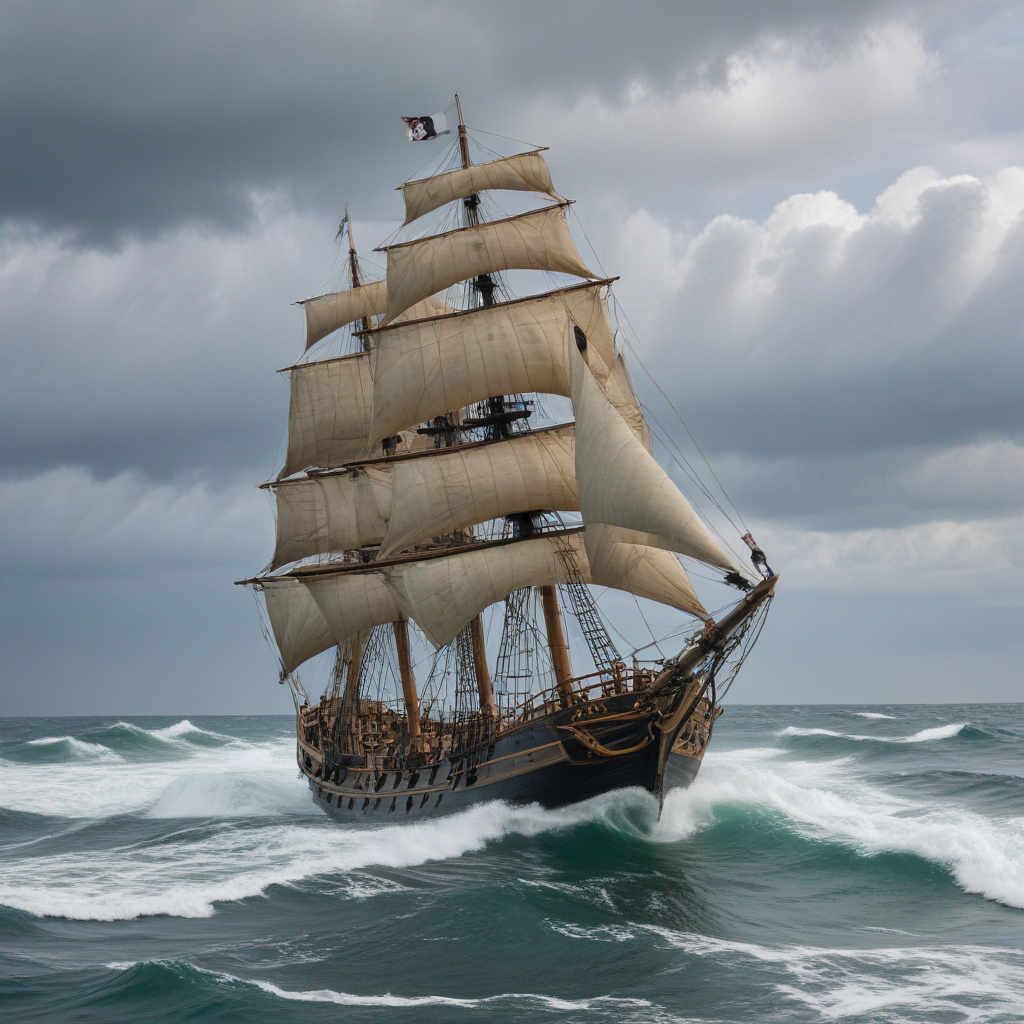 pirate style ship sailing on rough seas