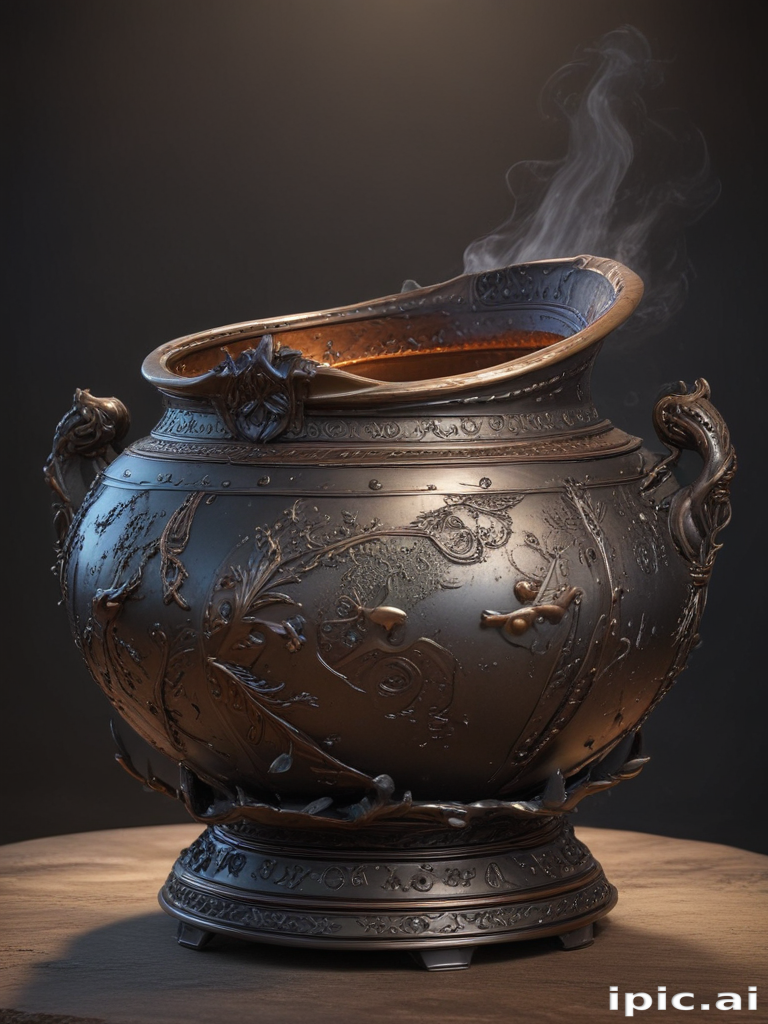 Intricately Designed Bronze Cauldron with Wisps of Evocative Smoke Rising