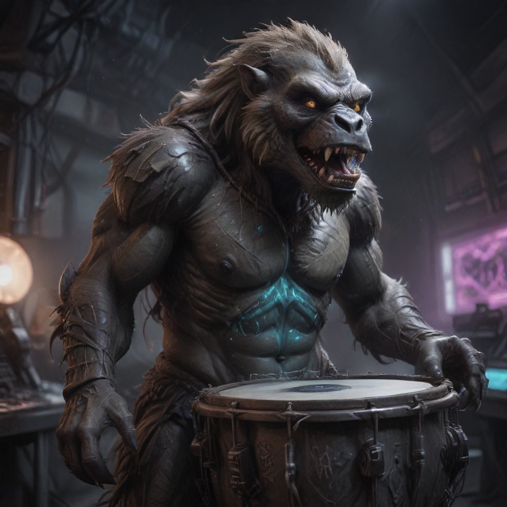 drumming neon colossus cyber gorilla alien with huge fangs x-ray eyes ...