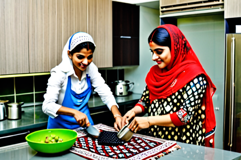 Pakistani women with ajrak working in kitchen
