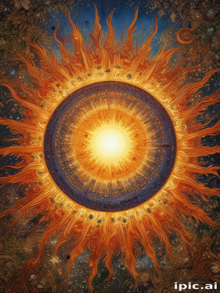 Radiant Celestial Sun with Fiery Rays Illuminating the Cosmic Landscape