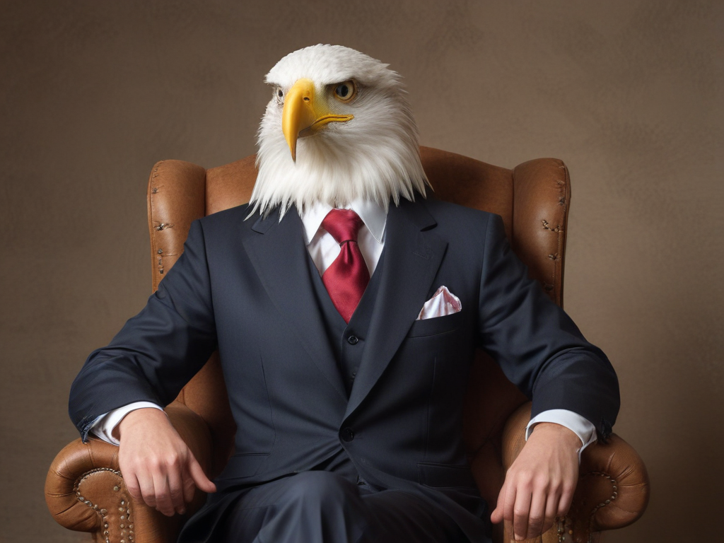 a man with eagel head in a suit sitting in a chair holding alcholo in ...